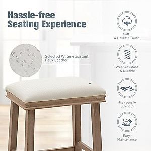 Erste!Bravo White Solid Wood Bar Stools Set of 2 for Kitchen Counter Counter Height Coastal Barstools with Faux Leather Farmhouse Upholstered Stools for 34"-38" Island, Creamy White Cushion, Wood Legs