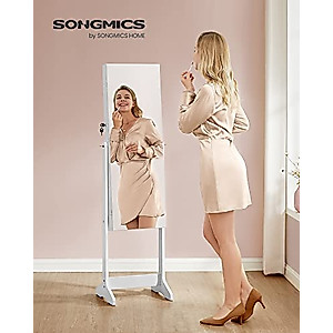 SONGMICS Mirror Jewelry Cabinet Standing Armoire Organizer, Jewelry Storage with Full-Length Frameless LED Lights, Built-in Makeup Mirror, 2 Drawers, Lockable, White UJJC023W01