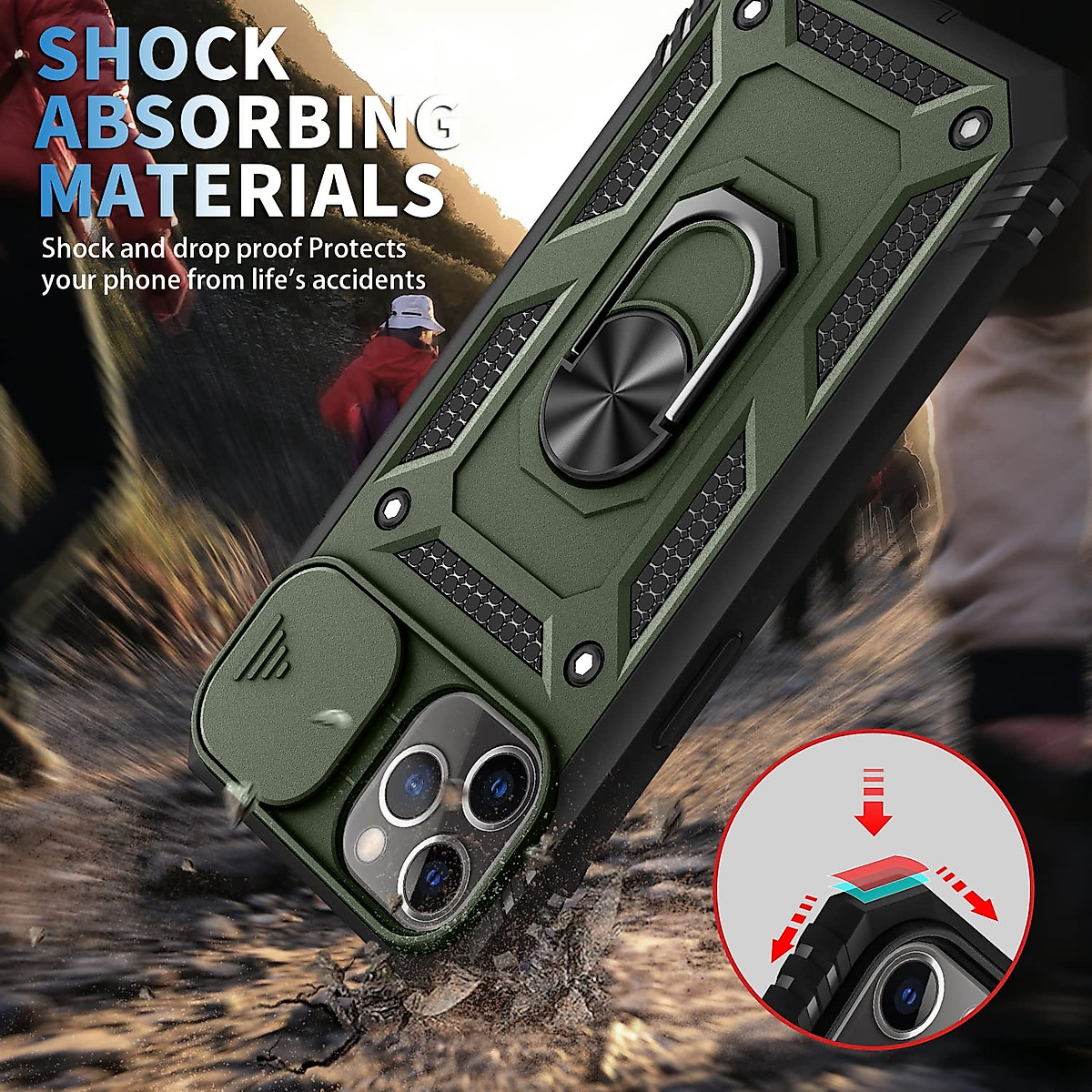 PASNEW for iPhone 13 Pro Max Case Military,Camera Cover Slide & Magnetic Ring Kickstand,Multi-Layer Rugged Heavy Duty Full Body Shockproo Hard Shell 13Promax,Army Green