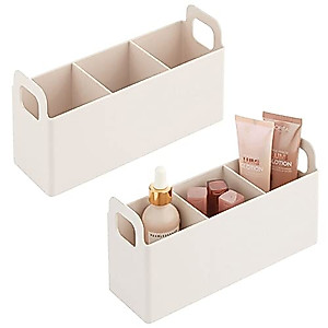mDesign Divided Plastic Beauty Organizer Bin w/Handles for Bathroom Drawers, Vanity, or Countertops, Storage for Makeup Brushes, Palettes, Blush, Concealers - Lumiere Collection - 2 Pack, Cream/Beige
