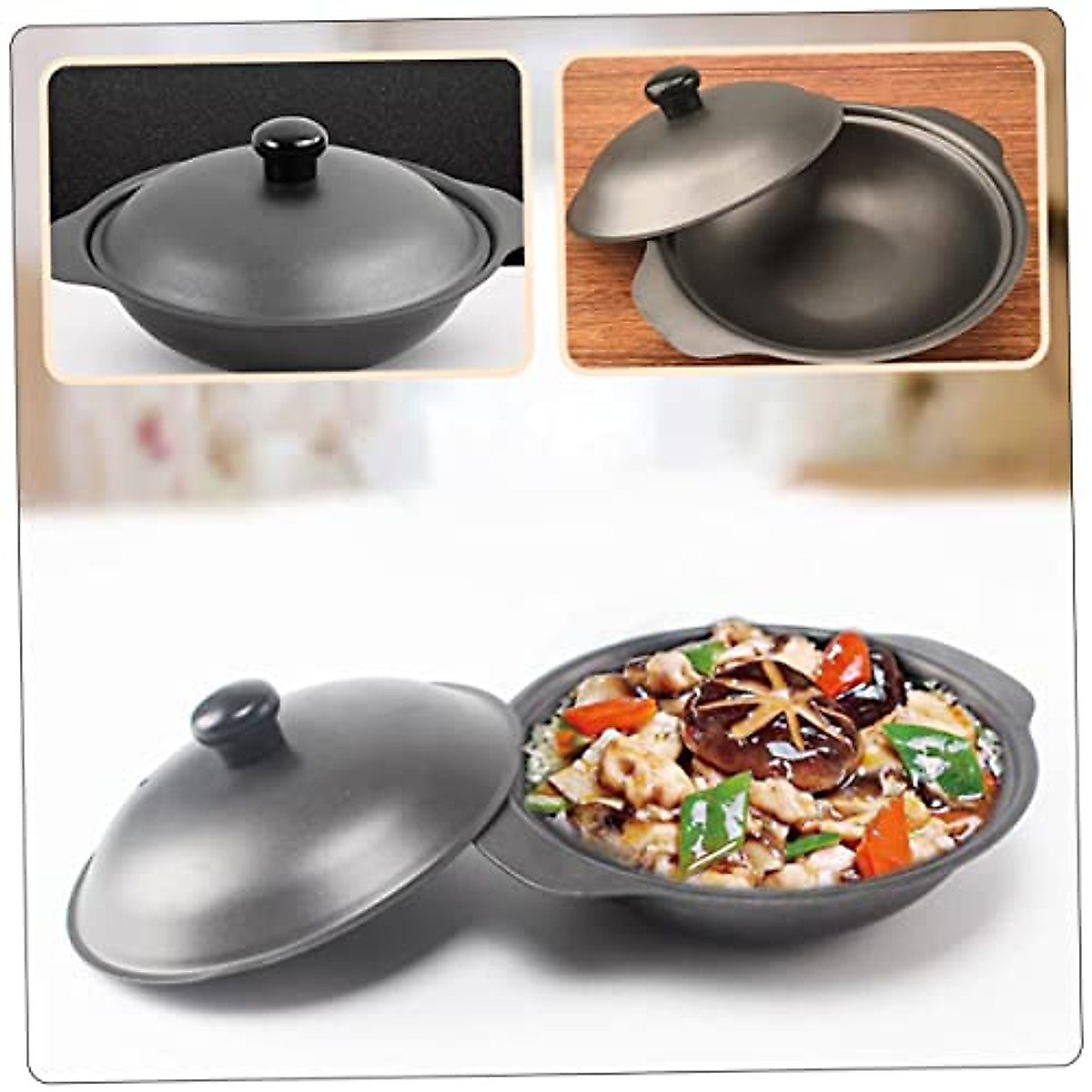 DOITOOL 3 Pcs Casserole Frying Pan with Lid Camp Oven Ceramic Stock Pot Iron Oven Pot Korean Stone Bowl Container with Lid Iron Pot with Lid Pot for Rice with Rice Small Iron Pot Pig Iron