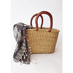 Ghana African Handmade Woven Oval Picnic Shopping Baskets (Natural with Brown Handles)