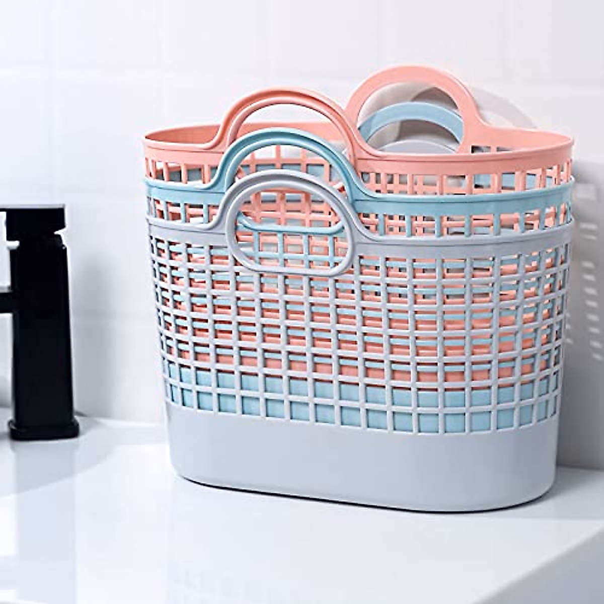 rejomiik Portable Shower Caddy Basket, Plastic Storage Soft Carry Tote with Handles Drainage Organizer Toiletry Bag Box for Bathroom, College Dorm Room Essentials, Kitchen, Camp, Gym - Blue