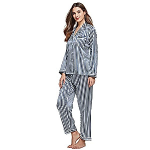 TONY & CANDICE Women's Classic Satin Pajama Set Sleepwear Loungewear (Blue and White Striped, Medium)