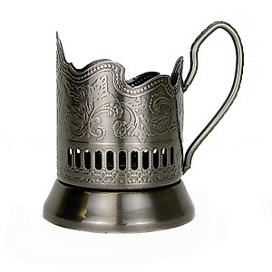 Neman GHOLD Podstakannik for Hot Beverages, Metal Glass Holder w/Handle and Floral Pattern