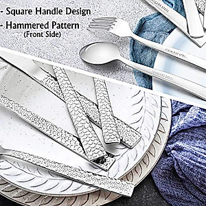 Hammered Silverware Set, E-far 40-Piece Stainless Steel Square Flatware Set for 8, Metal Tableware Cutlery Set Includes Dinner Knives/Forks/Spoons, Modern Design & Mirror Polished - Dishwasher Safe