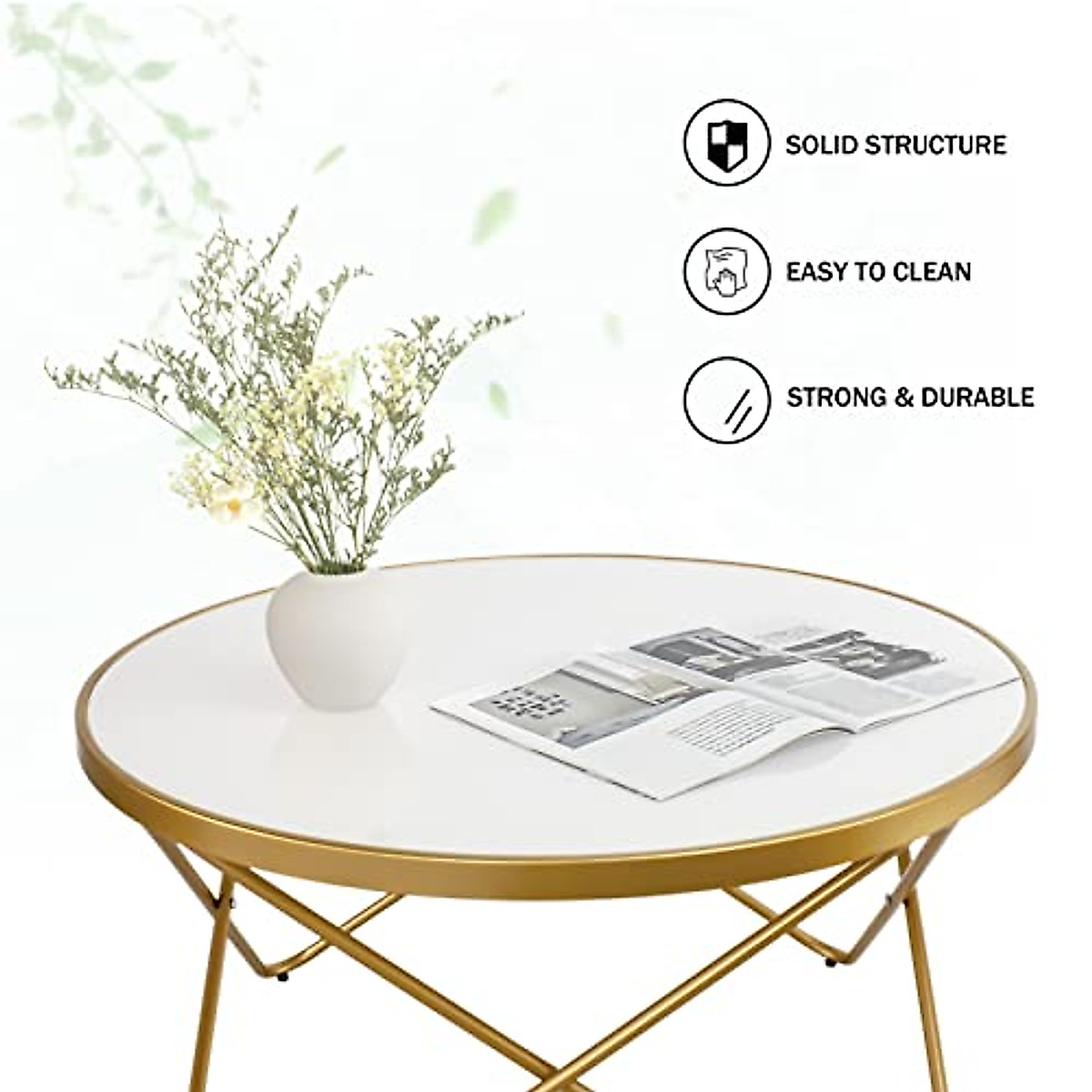 KithKasa Mid Century Modern Round Gold Coffee Table with White Glass and Metal Frame Central Table for Living Room Recepetion Room