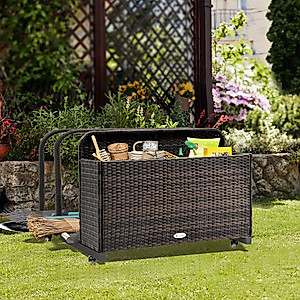 YITAHOME Outdoor Wicker Patio Poolside Float Storage, PE Rattan Rolling Pool Float Caddy for cushions, Floaties, Noodles, Life Vests, Beach Balls, Toys, Patio Furniture (Brown)