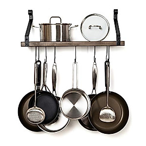 Soduku Pot Pan Rack with Solid Wood Shelf, Wall Mounted Multifunctional Kitchen Hanging Organizer with 8 Hooks for Pots Pans Lids Utensils Cookware Brown