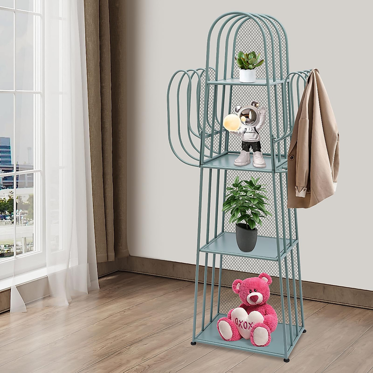 Cactus Bookshelf, 4 Tier Freestanding Cactus Shape Metal Hollow-Out Bookshelfs, Creative Book Storage Shelf Organizer for Small Space Green Cactus Bookcase for Home Living Room Bedroom (Green)