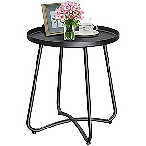 Icerona Outdoor Side Table, Small Round End Table with Tray top, Waterproof Metal Patio Side Table for Garden Balcony Entryway, Easy Assembly