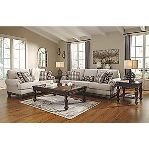Signature Design by Ashley Harleson Modern Farmhouse Loveseat with Nailhead Trim and 4 Accent Pillows, Beige