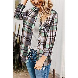 Hibluco Women's Fall Plaid Flannel Shacket Jacket Long Sleeve Button Down Shirt Light Green