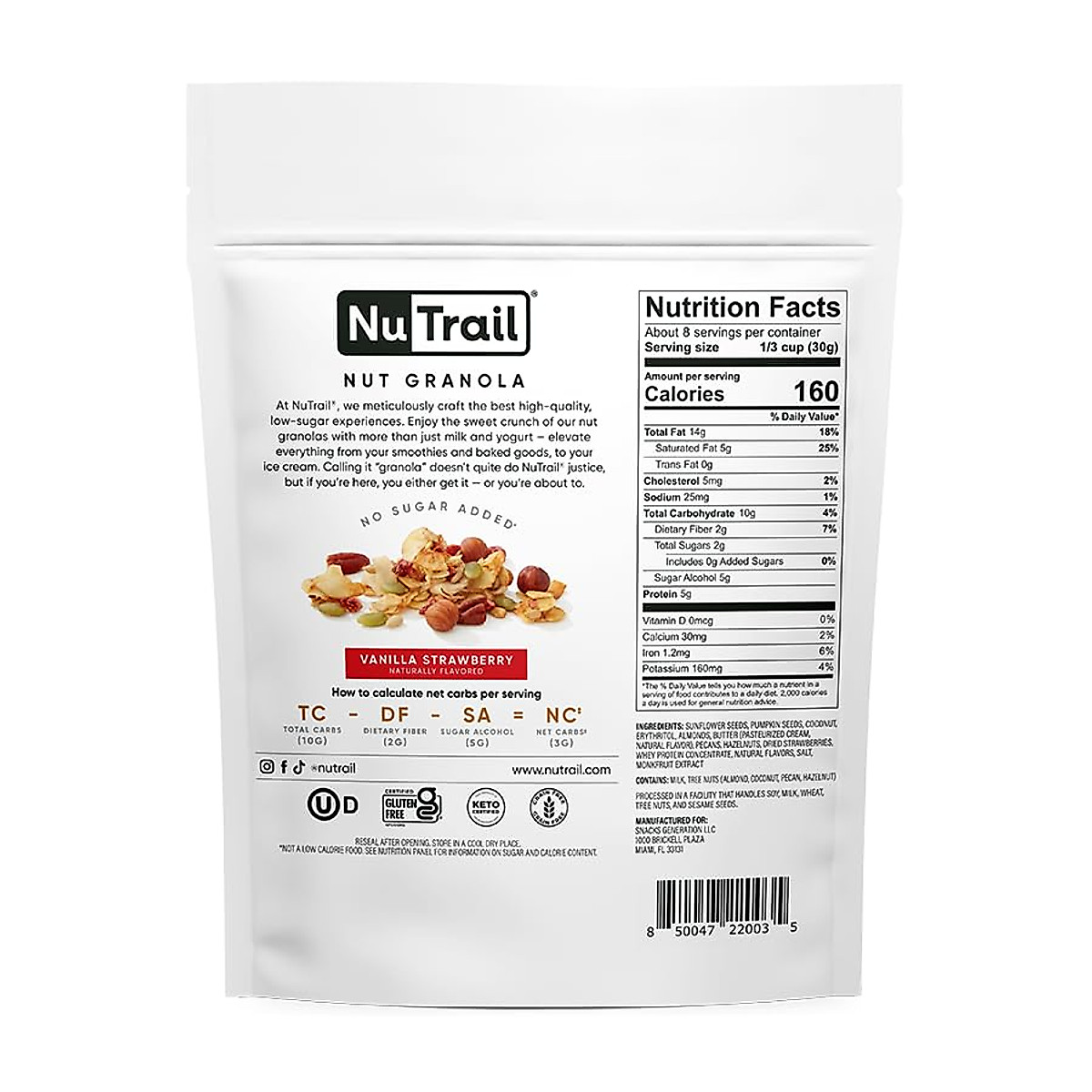 NuTrail Nut Granola Cereal, Vanilla Strawberry, No Sugar Added, Keto, Low Carb, Gluten Free, Grain Free, Healthy Breakfast 8 oz. 1 Count