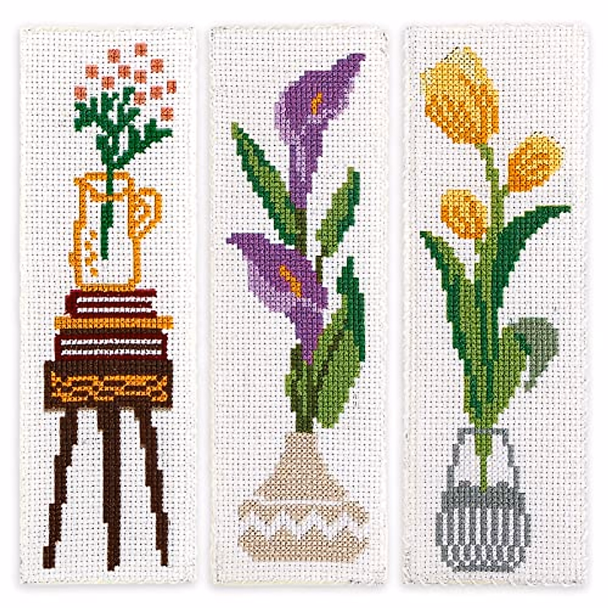Caydo 3 Pieces Cross Stitch Bookmark Kits, Flowers Stamped Embroidery Bookmark with Backing Felt and Instructions Beginner Cross Stitch Kits for Adults, Book Lovers, 14 CT