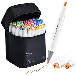 Ohuhu Alcohol Brush Markers 48 Mid-tone Colors- Double Tipped Alcohol Based Art Marker Set for Artists Adults Coloring Sketch Illustration- Brush & Chisel Dual Tips- Honolulu- Refillable