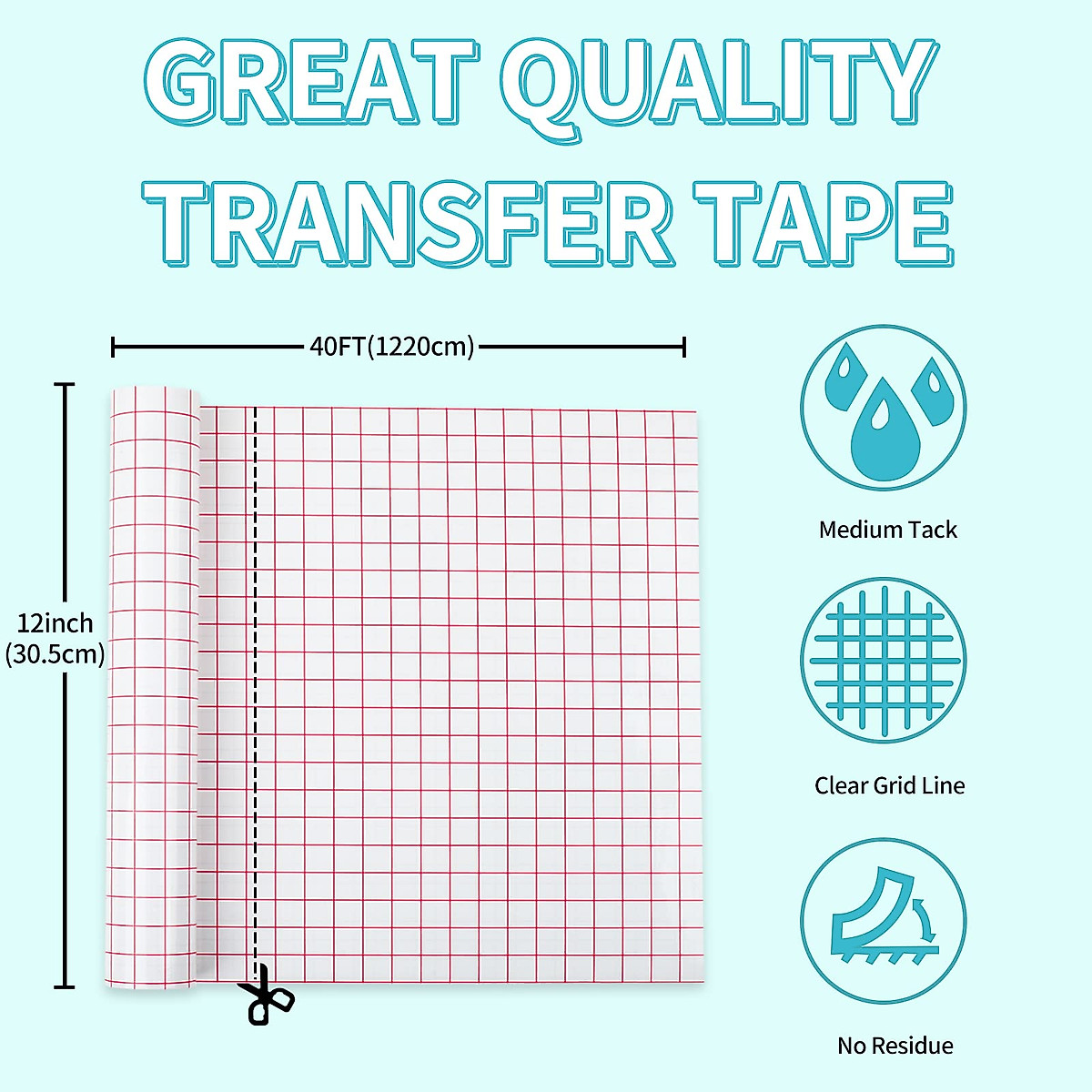 40FT Transfer Tape for Vinyl - Clear Vinyl Transfer Paper Tape Roll, 12” x 40 FT with 1/2 Red Grid Standard Tape for Cricut Adhesive Vinyl for Craft Decal, Mug Decal