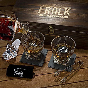 Whiskey Decanter and Stones Gift Set for Men - Whiskey Decanter, 2 Twisted Whiskey Glasses, 2 XL Stainless Steel Whisky Balls, 2 Slate Coasters, Special Tongs & Freezer Pouch in Pinewood Gift Box