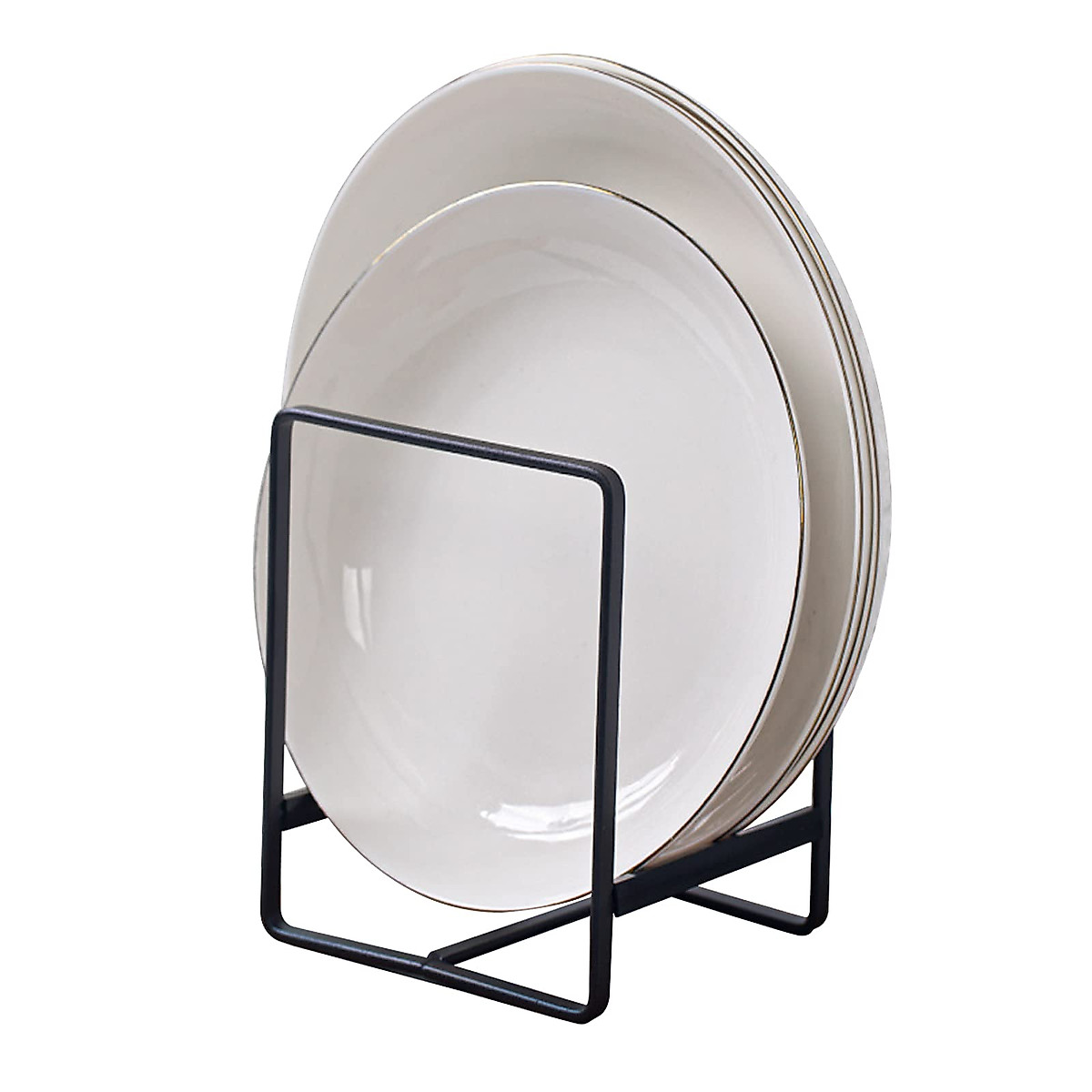 Klyuqoz Plate Organizer for Cabinet, 2Pack Metal Plate Holders,Plate Racks for Kitchen Cabinets, For Pantry, Shelves, Frying Pans, Lids, Cutting Boards, Vertical Or Horizontal Placement (Black)