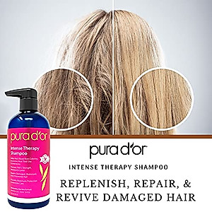 PURA D'OR Intense Therapy Shampoo (16oz) Repairs Damaged, Distressed, Over-Processed Hair, Infused with Select Natural Ingredients, Sulfate Free, All Hair Types, Men and Women
