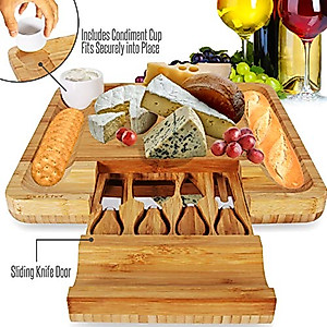 Bamboo Cheese Cutting Board Set - Flat Wood Serving Platter for Picnic Food or Wine, Rectangle Fruit and Meat Plate Kit w/Bowl, Closing Drawer Tray, 4 Stainless Steel Knives - NutriChef PKCZBD10
