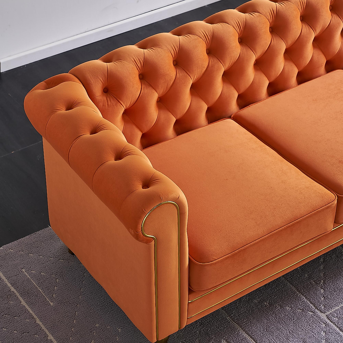 Homtique 84" Modern Sofa Couch for Living Room, 3 Seater Couch Comfy Velvet Sofa Button Tufted Rolled Arms and Gold Legs, Chesterfield Sofa for Home Studio/Office, Bedroom, Orange