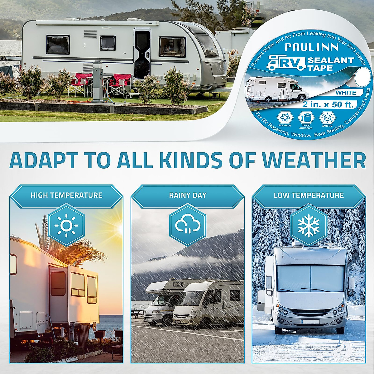 PAULINN RV Camper Roofing Repair Sealant Tape, 2 Inch X 50 Foot Natural White Trailer Roof Rubber Sealing Tape, UV & Weatherproof Roof Seal Tape for RV Camper Trailer Boat Sealing Leak Repair