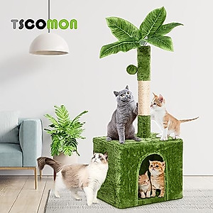 TSCOMON 41" Cat House Cat Tree for Indoor Kitten Small Cats with Green Leaves, Cozy Plush Indoor Plant Design Cat House Cute Cat Condo Cat Scratching Posts with Hang Ball, Green Pet Home Cat Furniture