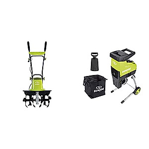 Sun Joe TJ604E 16-Inch 13.5 AMP Electric Garden Tiller/Cultivator,Black & CJ603E 15-Amp 1.7-Inch Cutting Diameter Electric Silent Wood Chipper/Shredder, Green