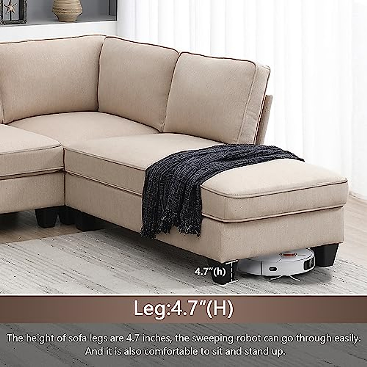 GAOWEI Modern L-Shaped Sectional Sofa,7-seat Linen Fabric Couch Set with Chaise Lounge and Convertible Ottoman for Living Room,Apartment,Office Modular sectional Sofa l Shaped Sofa (Khaki)