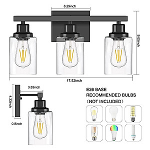 DIKAIDA 3-Light Bathroom Light Fixtures, Black Bathroom Vanity Light with Clear Glass Shade, Modern Bathroom Wall Lights Over Mirror, Farmhouse Wall Sconces Lighting for Bedroom LivingRoom