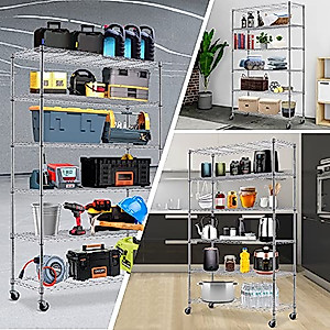 6 Tier Wire Shelving Rack,Steel Shelf 48" W x 18" D x 82" H Adjustable Storage System with Casters/Wheels and Feet Levelers,Garage Shelving Unit, Storage Shelving Rack,Kitchen/Office Rack (Chrome)