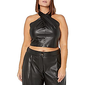 The Drop Women's Gage Vegan Leather Twist Front Halter Top, Black, S