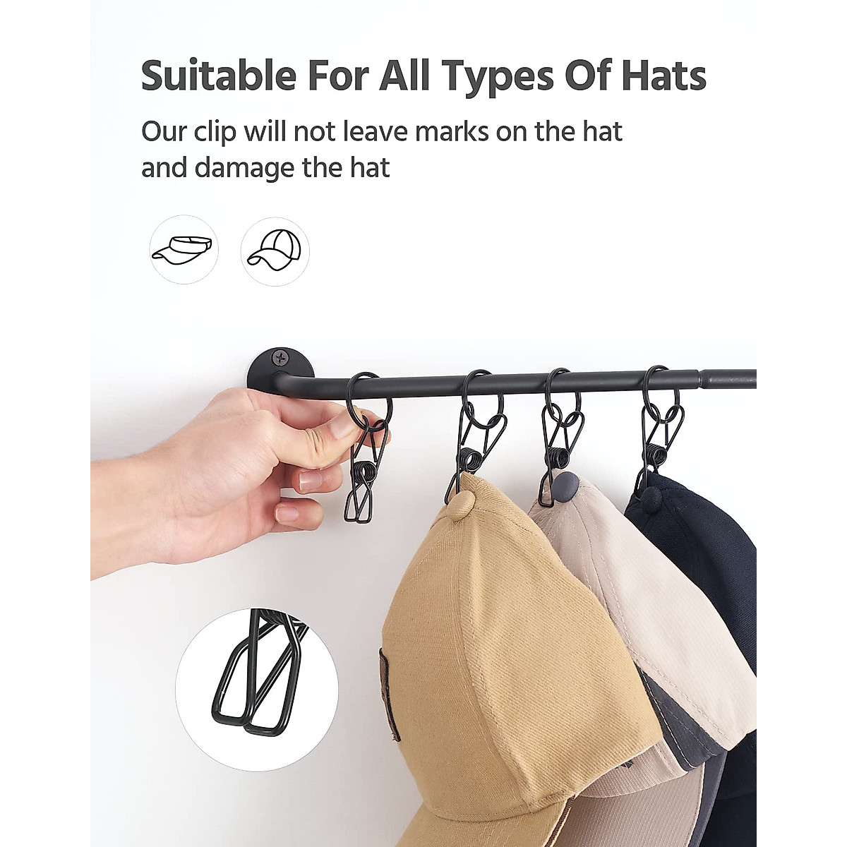 Mkono Hat Rack for Wall Baseball Cap Organizer Holder with 20 Clips Modern Metal Hat Storage Display Hanger Wall Mount Cowboy Hat Hooks Rack for Closet Bedroom Entryway, Set of 2