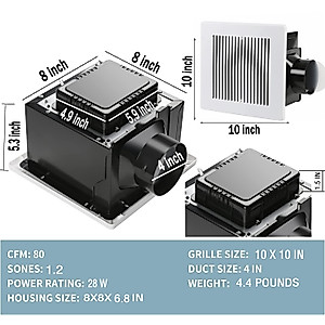 Nalle Exhaust Fan Square Bathroom Ceiling Ventilation Fan 110V Through Wall Exhaust Smoke Fan for Kitchen,laundry room,Toilets, Garage, Shopping Mall and Office 80 CFM 1.2 Sones