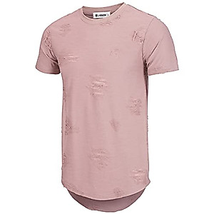 KLIEGOU Mens Hipster Hip Hop Ripped Round Hemline Hole T Shirt(1705) (Large, Pink)