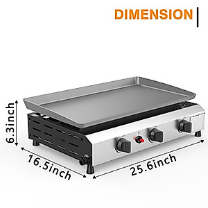ADREAK 25.6 Inch 3 Burner BBQ Gas Grill Griddle, Stainless Steel Portable Detachable 30,000 BTU Table Top Propane Barbecue Grill for Camping or Tailgating (Upgraded Griddle)