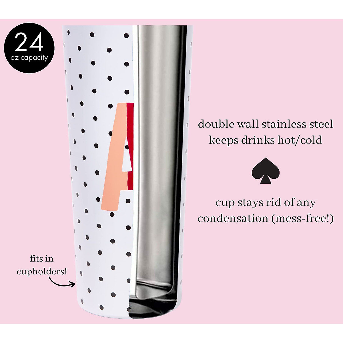 Kate Spade New York Cute Stainless Steel Mug, 24 Ounce Initial Travel Tumbler, Double Wall Insulated Cup with Lid, A (Pink)