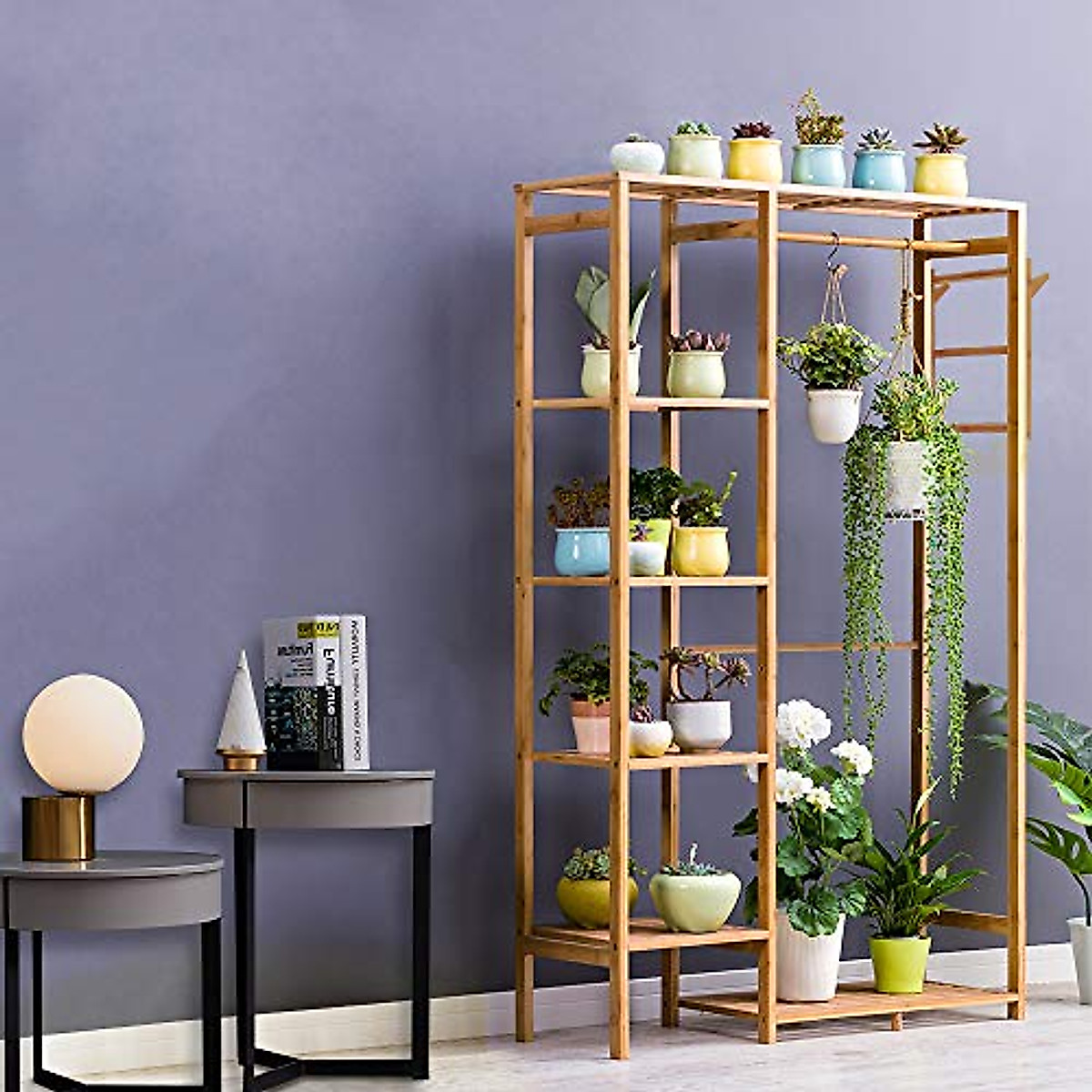 Ufine Bamboo Garment Rack 6 Tier Storage Shelves Clothes Hanging Rack with Side Hooks, Heavy Duty Clothing Rack Portable Wardrobe Closet Organizer