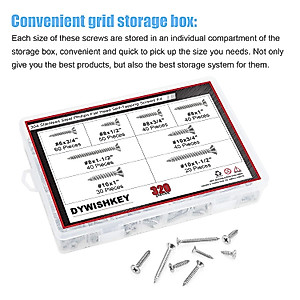 DYWISHKEY 320 Pieces #6#8#10 Stainless Steel 304 Phillips Flat Head Self-Tapping Screws, Wood Screws Assortment Kit