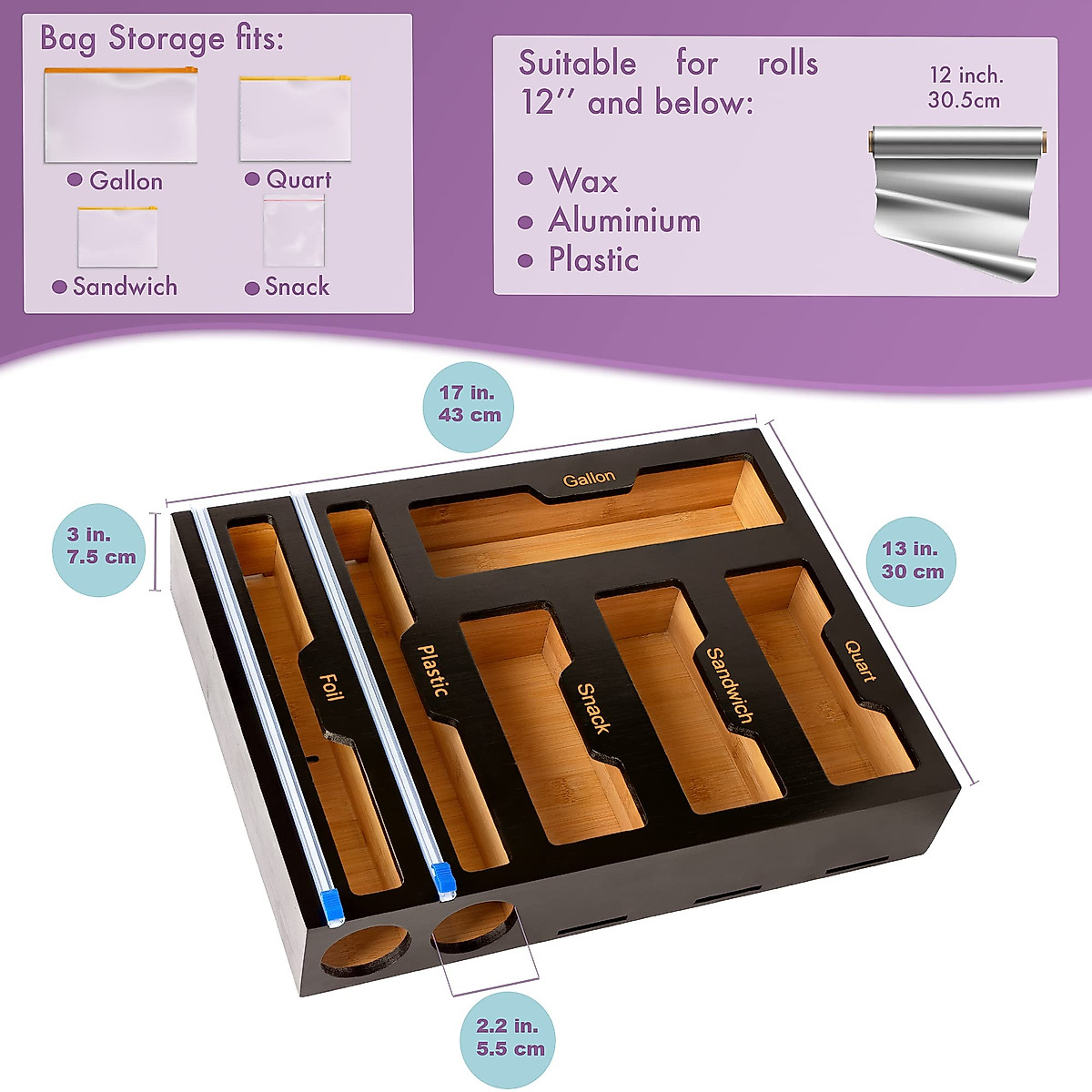 Easy to Clean Foil & Plastic Wrap Dispenser, Ziplock Bag Storage Organizer (Modern Edition) | Suitable for Kitchen Drawer, Sandwich, Gallon, Quart, etc. (Black)