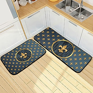 Glaphy Mardi Gras Fleur De Lis Kitchen Rug Set of 2, Washable Non-Slip Personalized Floor Mat Memory Foam Rug for Bedroom Bathroom Laundry Room