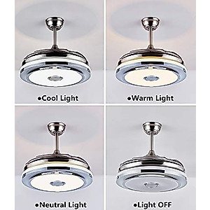 Fandian 42'' Modern Smart Ceiling Fans with Light,Bluetooth Speaker Music Player Chandelier, 3 Colors 3 Speeds Retractable Blades with Remote Control, Silent Motor with LED Kits (42in-Silver1)