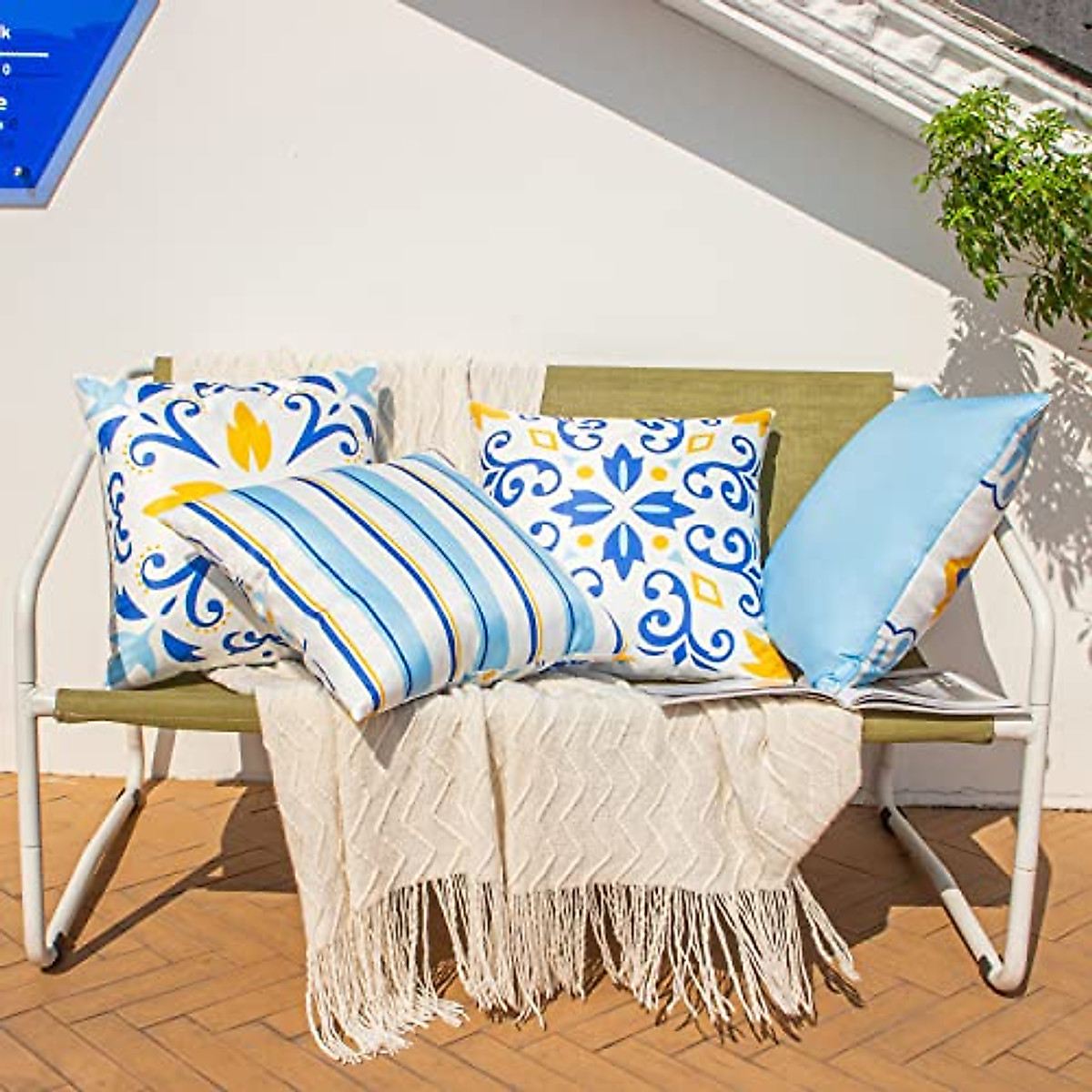 cygnus Outdoor Pillow Covers 18x18 Waterproof Patio Pillows Boho Flower and Colorful Stripe Summer Outside Pillows for Funiture Garden Picnic Set of 4,Blue and Yellow