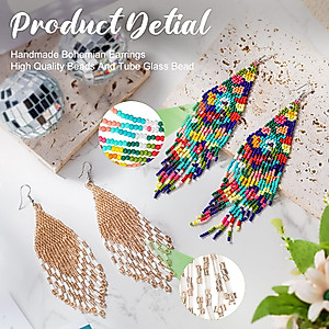 Tuanse 4 Pairs Long Beaded Tassel Earrings Bohemia Colorful Handmade Beaded Earrings Seed Bead Statement Fringe Drop Dangle Earrings Boho Jewelry for Women Gifts, 4 Styles
