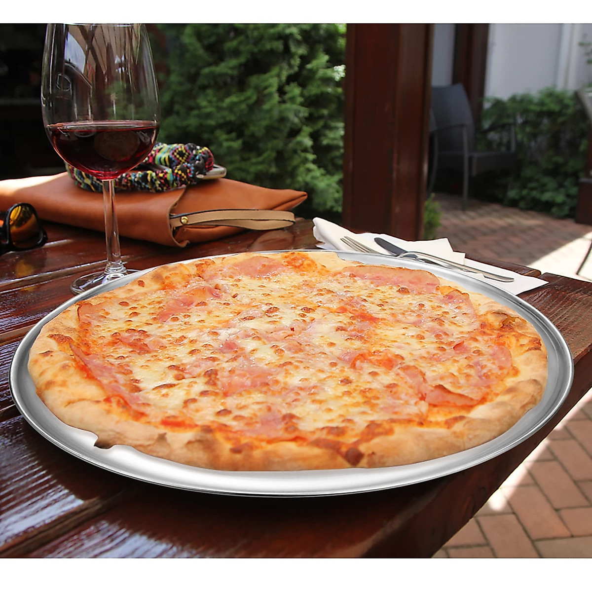 Deedro Stainless Steel Pizza Pan 13½ inch Round Pizza Tray Pizza Baking Sheet, Healthy Pizza Baking Pan Pizza Serving Tray Crisper Pan, Dishwasher Safe, 2 Pack