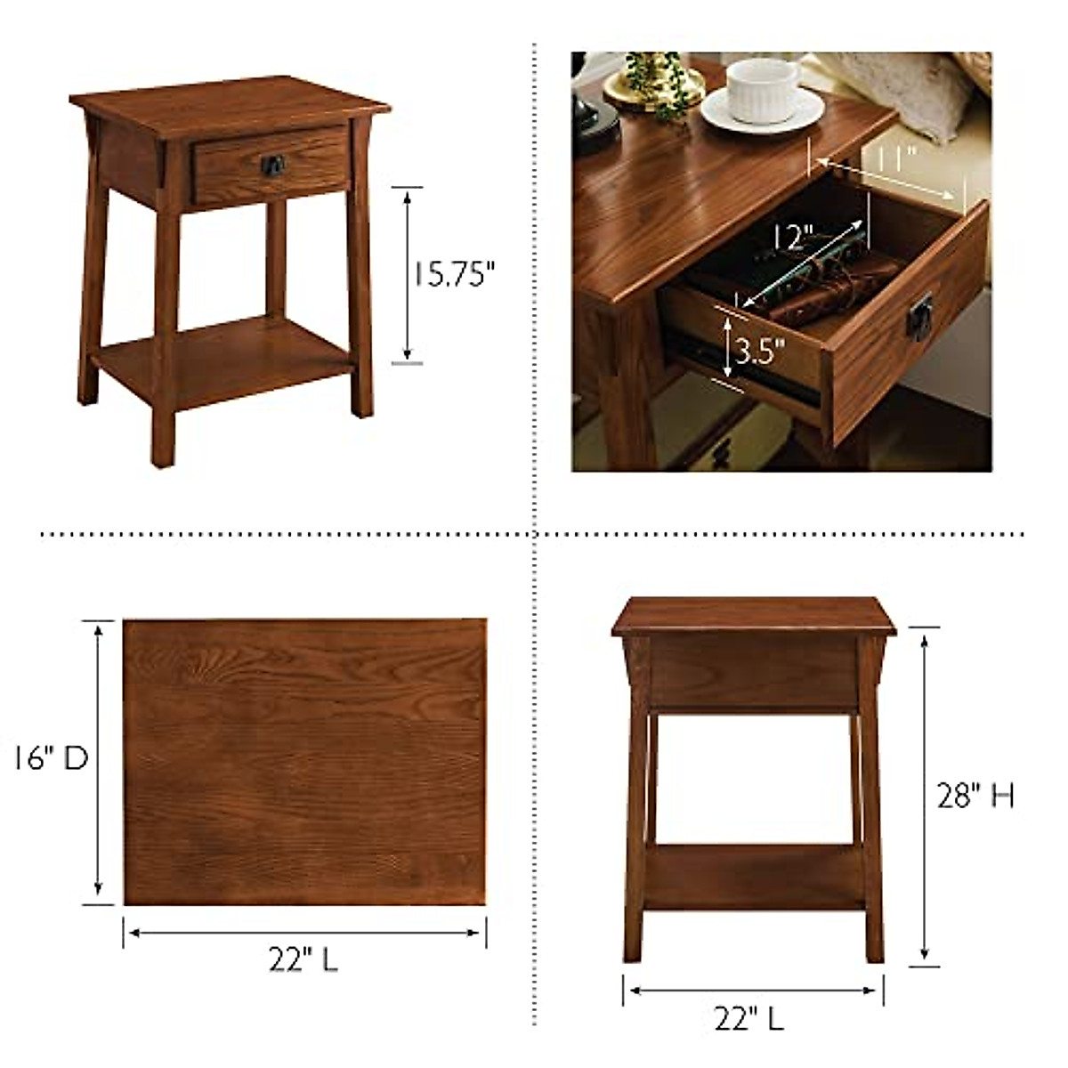 Leick Home Favorite Finds Nightstand Table with Shelf, Russet/Blackened