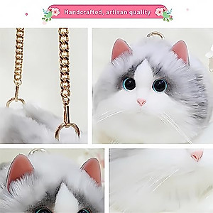 HUIJUFU Realistic Puffy Plush Cat Shaped Crossbody Handbag for Women（White gray）
