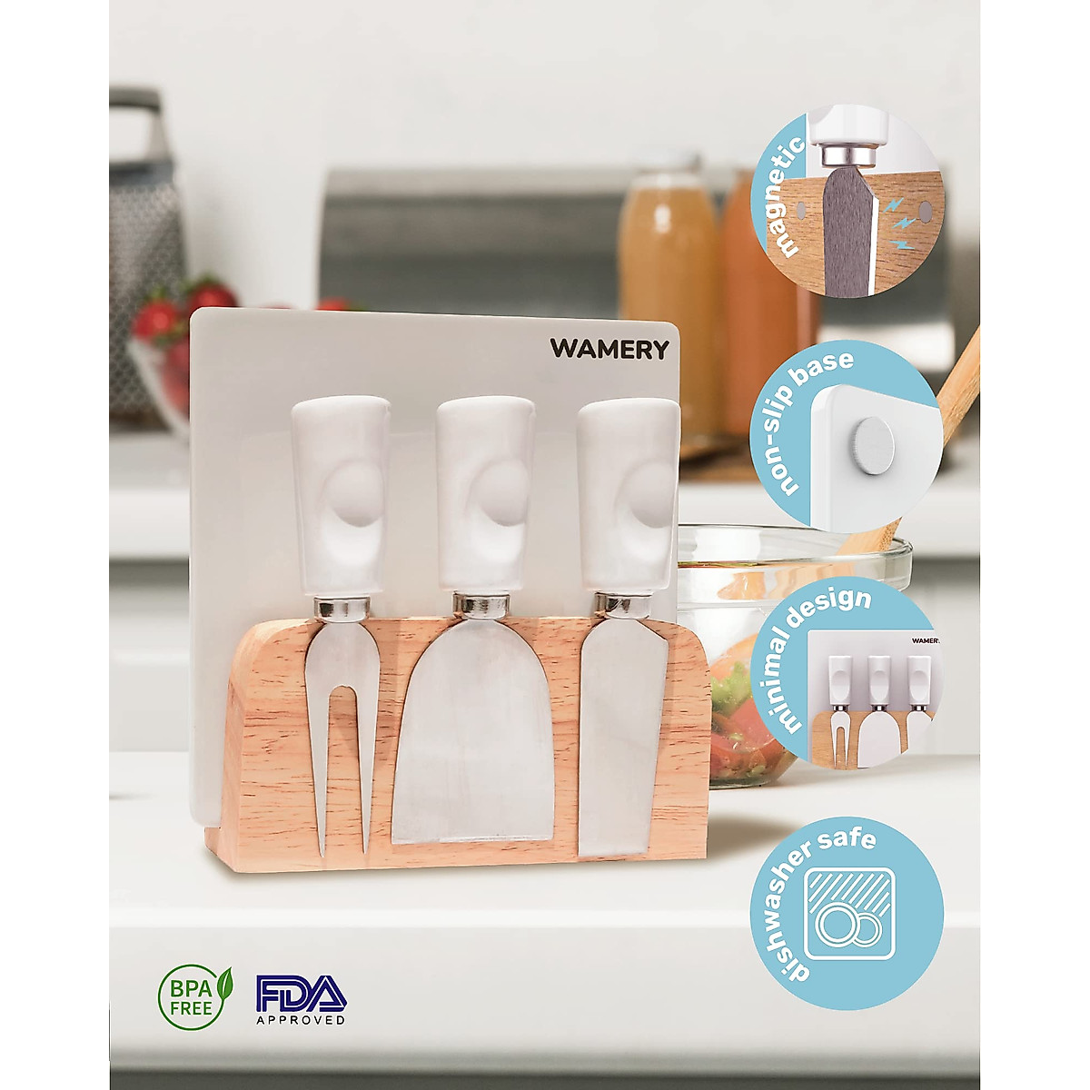 Wamery Cheese Knife Set - 3 Stainless Steel Cheese Knife Set for Charcuterie Board and Small Ceramic Cheese Cutting Board with Magnetic Wooden Holder Portable for Pairing with Wine Meat Fruit