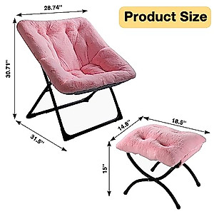 WELL-STRONG Folding Living Room Chair with Ottoman - Faux Fur Foldable Bedroom Chair and Foot Rest Set with Metal Frame Lounge Chair and Foot Stool Set for Men, Women, Teens, Kids Pink